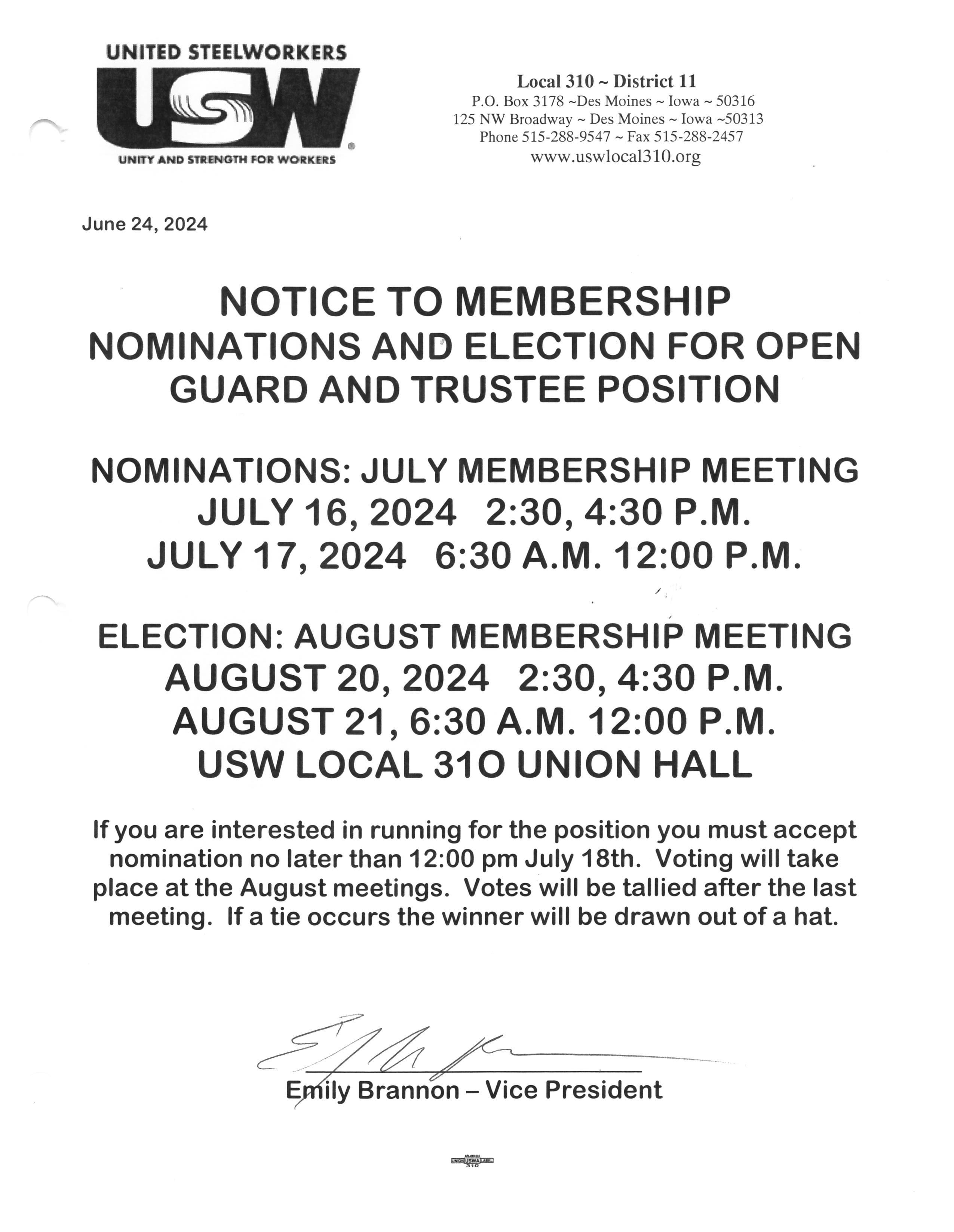 Notice of Special Election | USW Local 310L Des Moines, IA